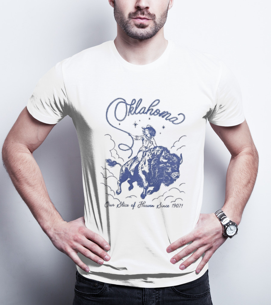 Oklahoma Our Slice Of Heaven Since 1907 Cowgirl Riding Buffalo T-Shirt