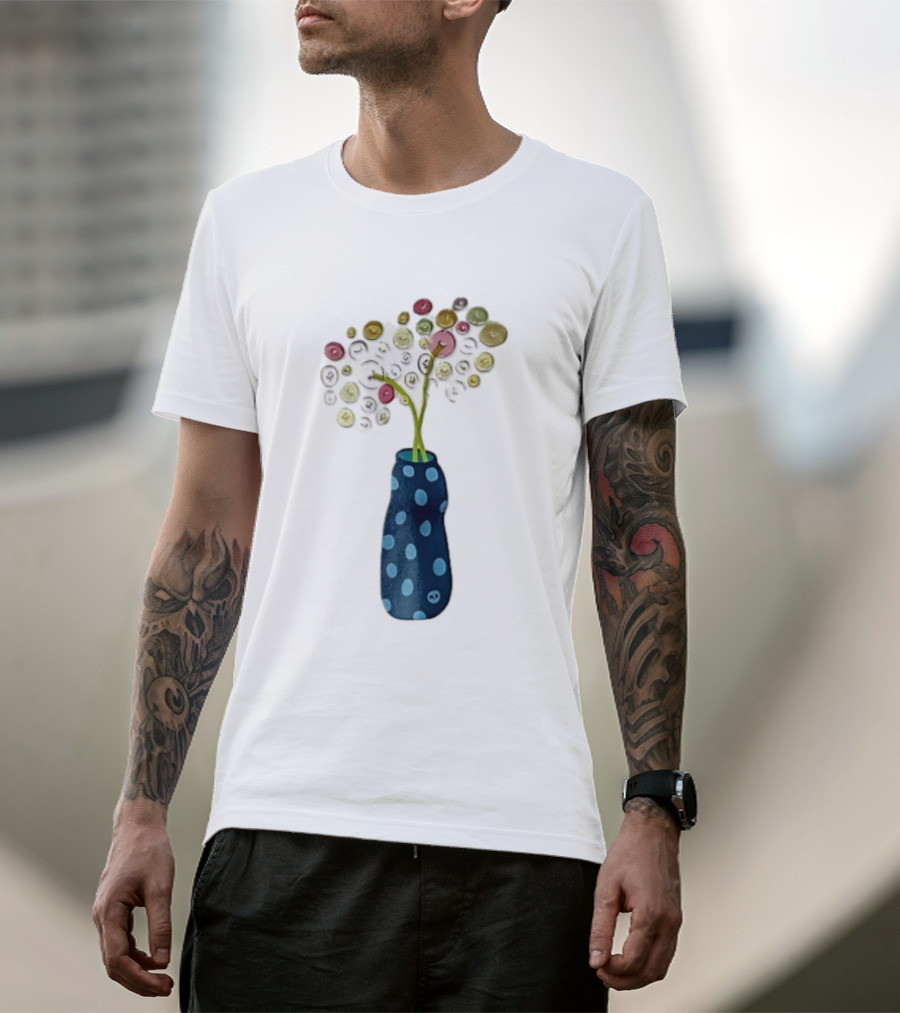 Polka Dot Vase With Colorful Button Flowers T-Shirt
