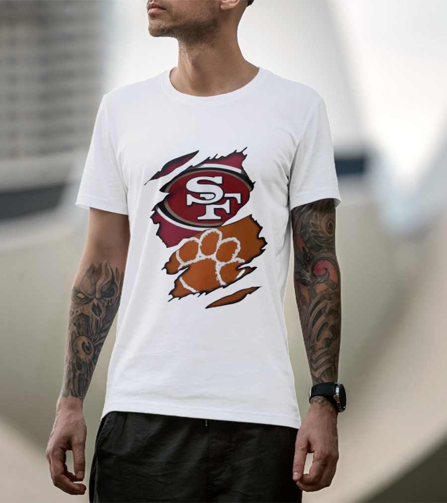 San Francisco 49ers SF And Clemson Tigers Paw Ripped Fabric T-Shirt