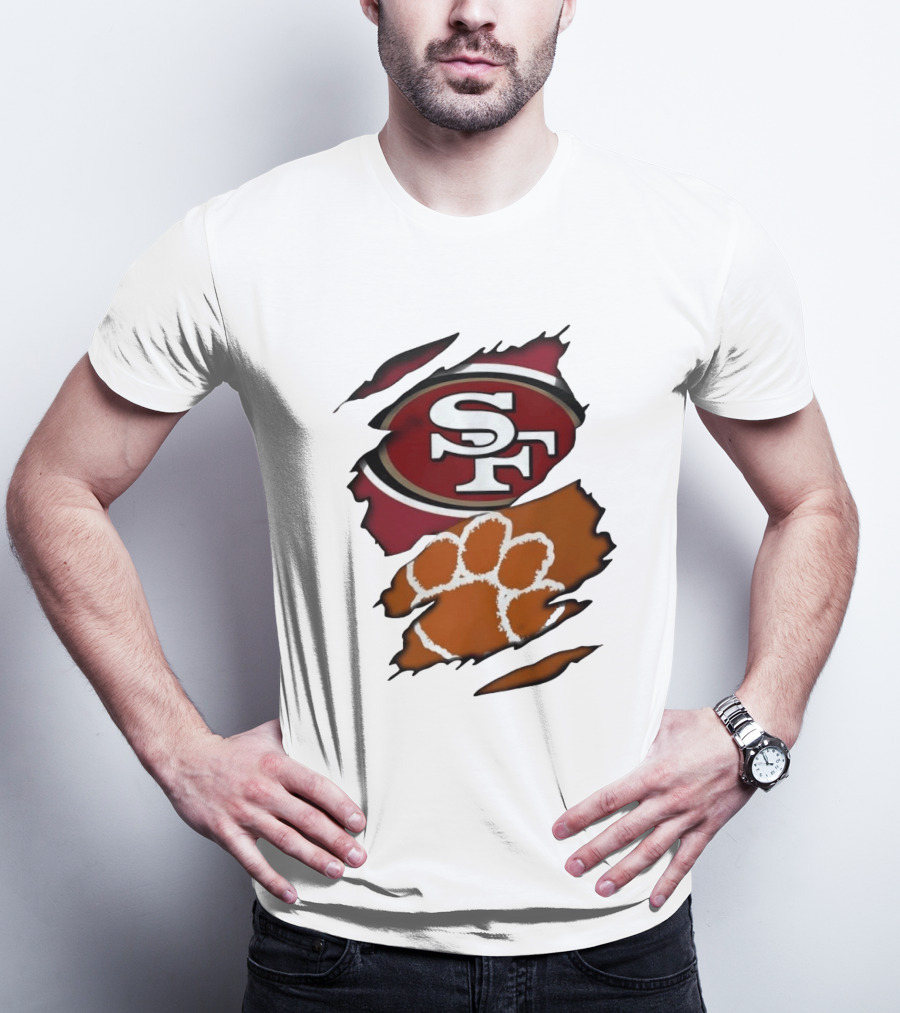 San Francisco 49ers SF And Clemson Tigers Paw Ripped Fabric T-Shirt