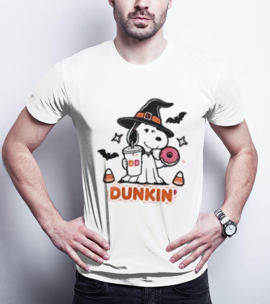Snoopy Dunkin Donuts Halloween Witch Doughnut Coffee Cup Bats Candy Corn T-Shirt