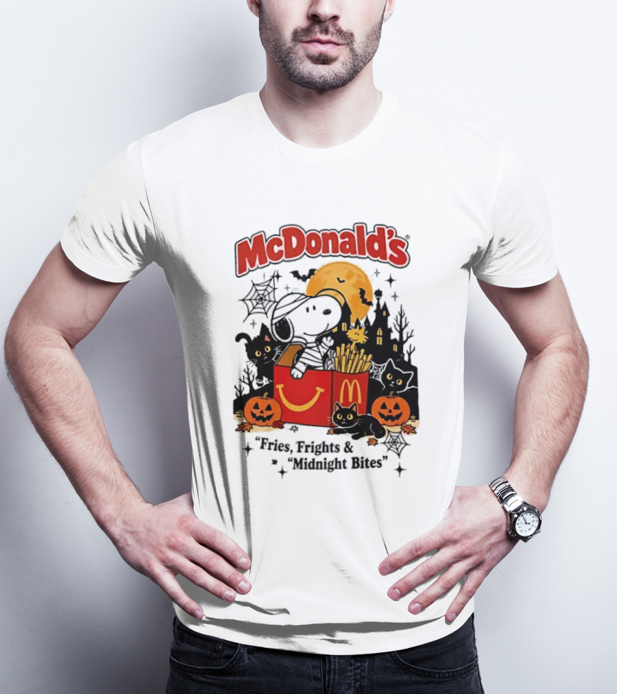 Snoopy McDonald's Halloween Fires Frights Midnight Bites Pumpkin Black Cat Moon T-Shirt