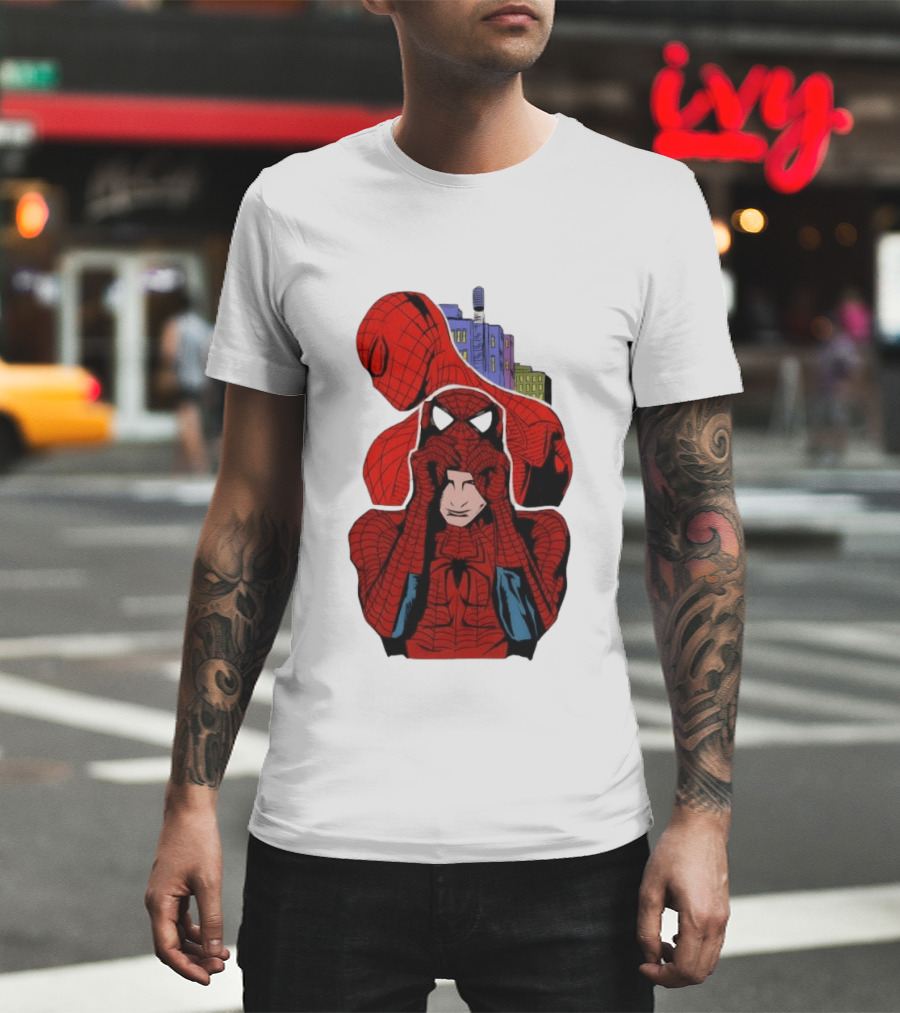 Marvel Spider Man Peter Parker Cityscape Collage T-Shirt
