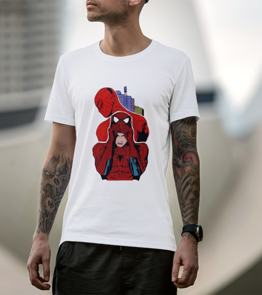 Marvel Spider Man Peter Parker Cityscape Collage T-Shirt