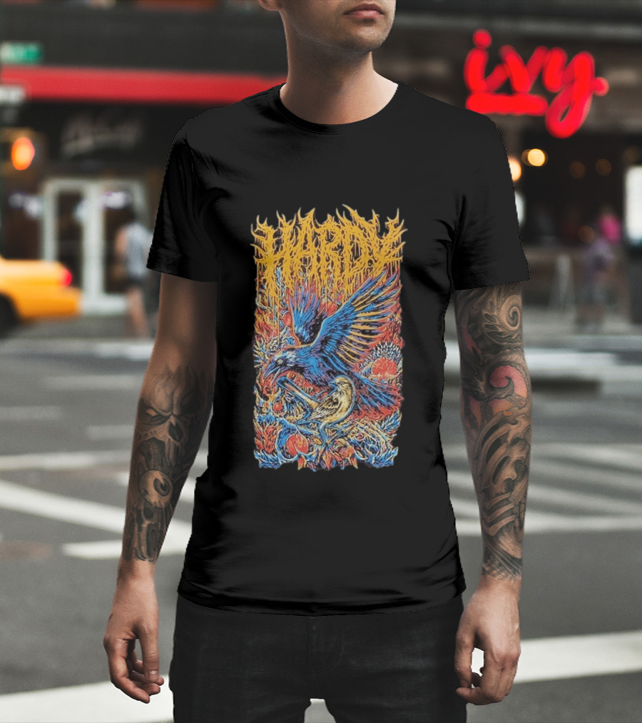 Hardy Blue And Yellow Birds With Fruit In Fiery Scene T-Shirt