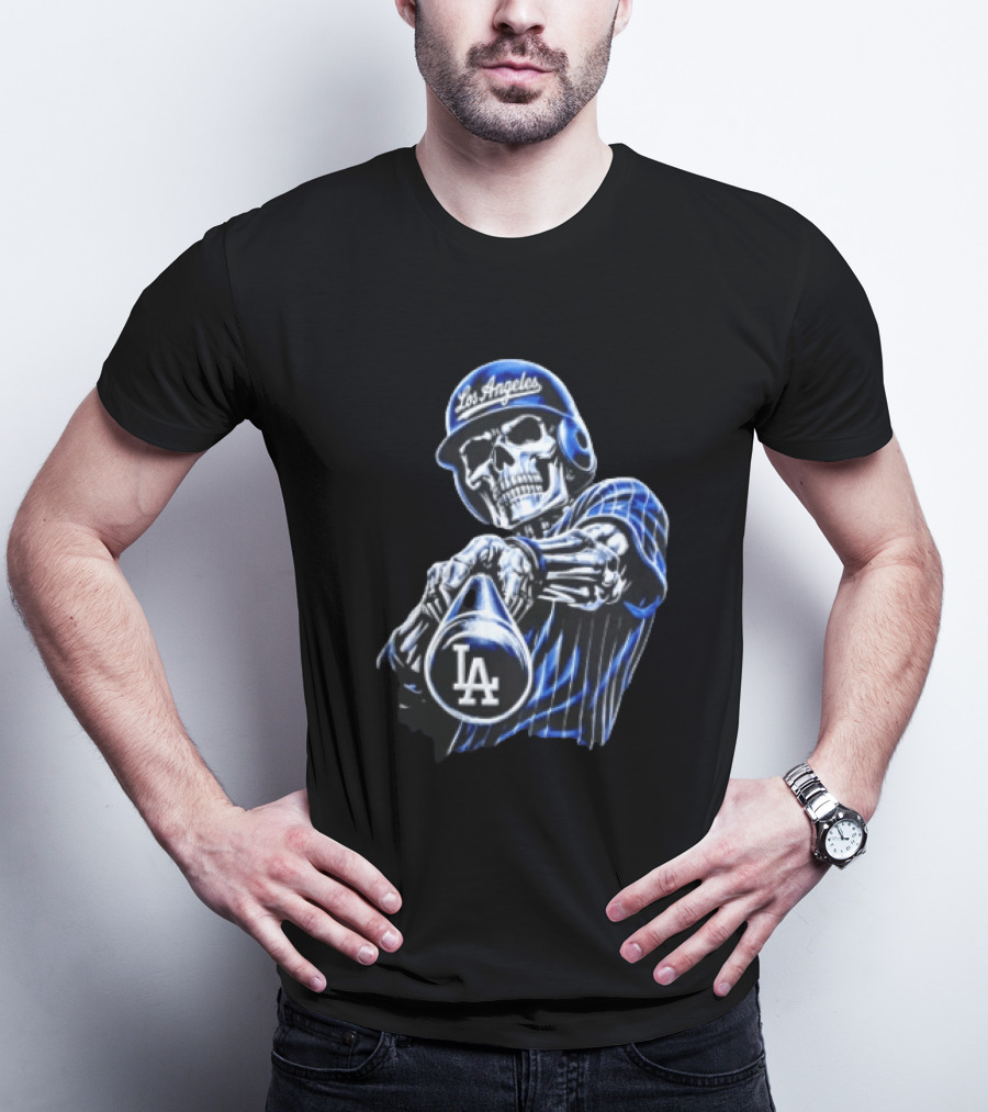 Los Angeles Dodgers Skeleton Baseball Player Pinstripe Jersey LA Cap T-Shirt