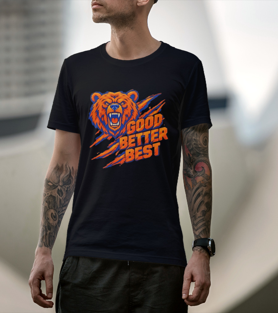 Good Better Best Grizzly Bear Claw Scratch Roaring Face Orange Blue T-Shirt