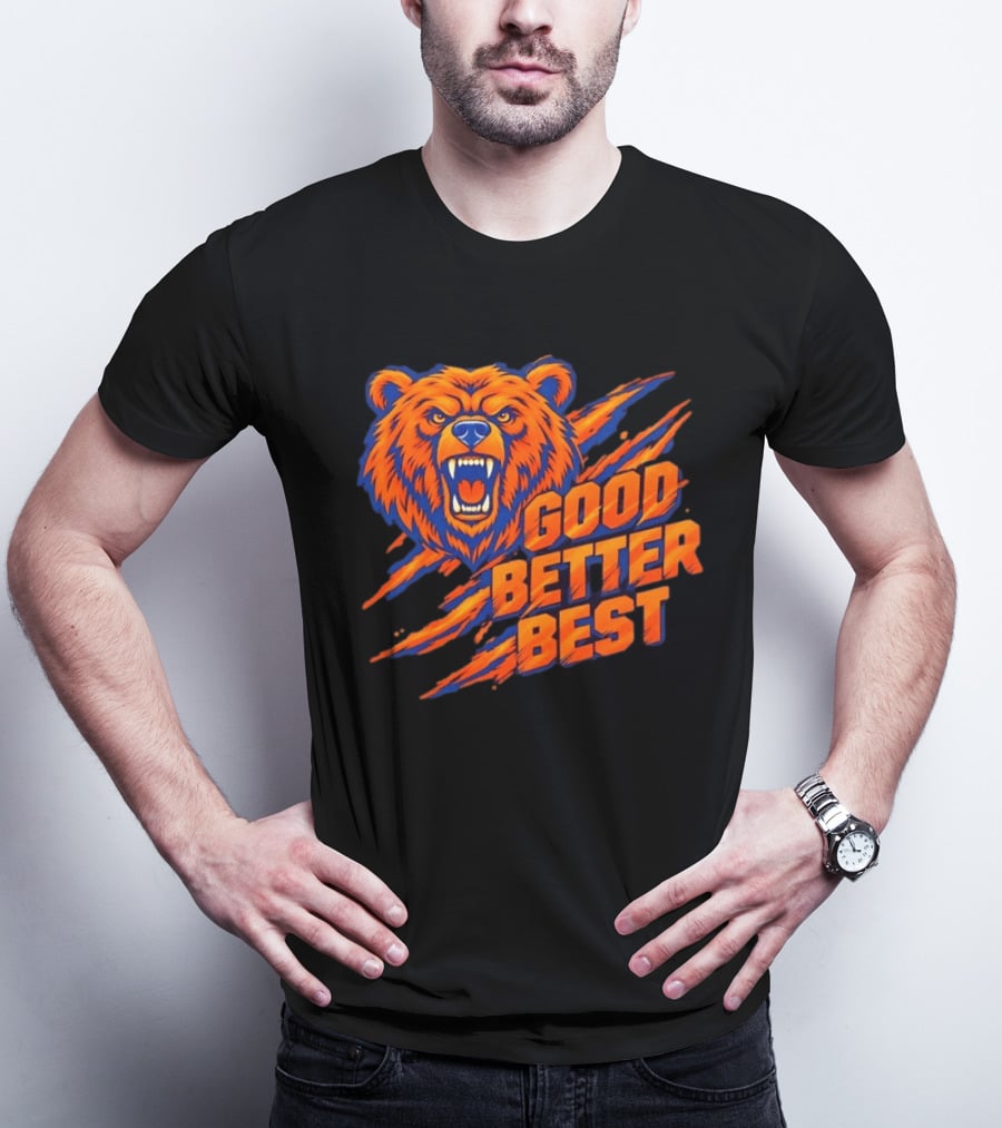 Good Better Best Grizzly Bear Claw Scratch Roaring Face Orange Blue T-Shirt