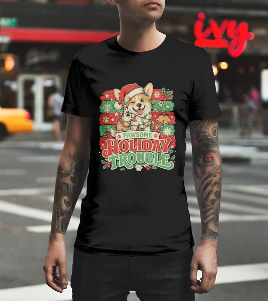 Pawsome Corgi Santa Hat Holiday Trouble Christmas Lights T-Shirt