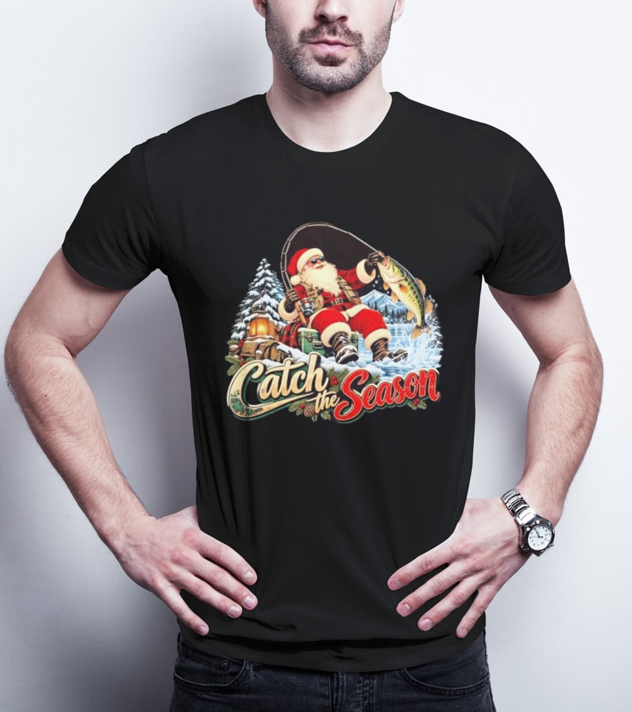 Catch The Season Santa Claus Fishing Christmas Snowy Scene T-Shirt
