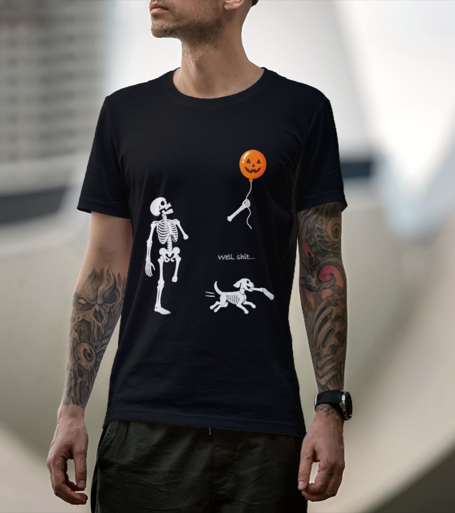 Skeleton Losing Halloween Pumpkin Balloon To Dog Well Shit T-Shirt