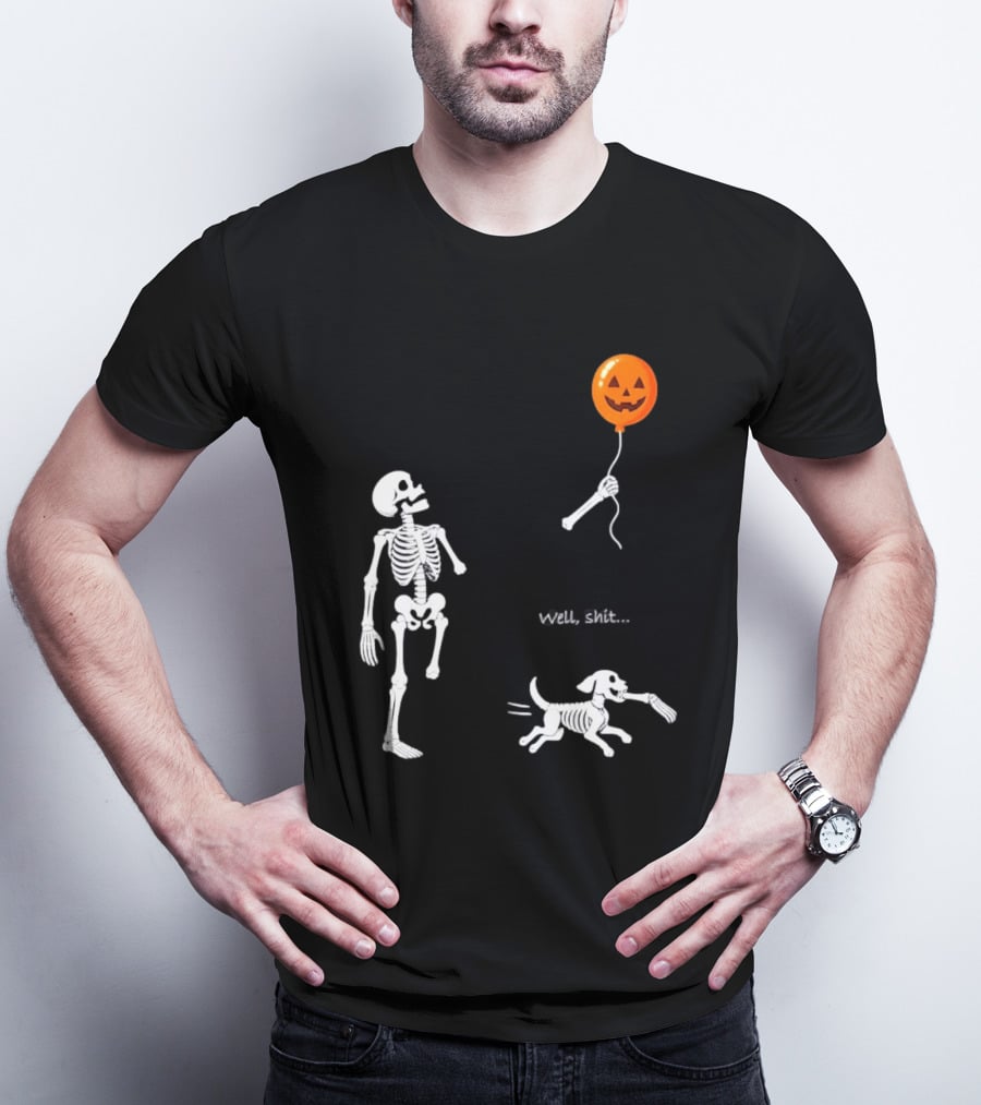 Skeleton Losing Halloween Pumpkin Balloon To Dog Well Shit T-Shirt