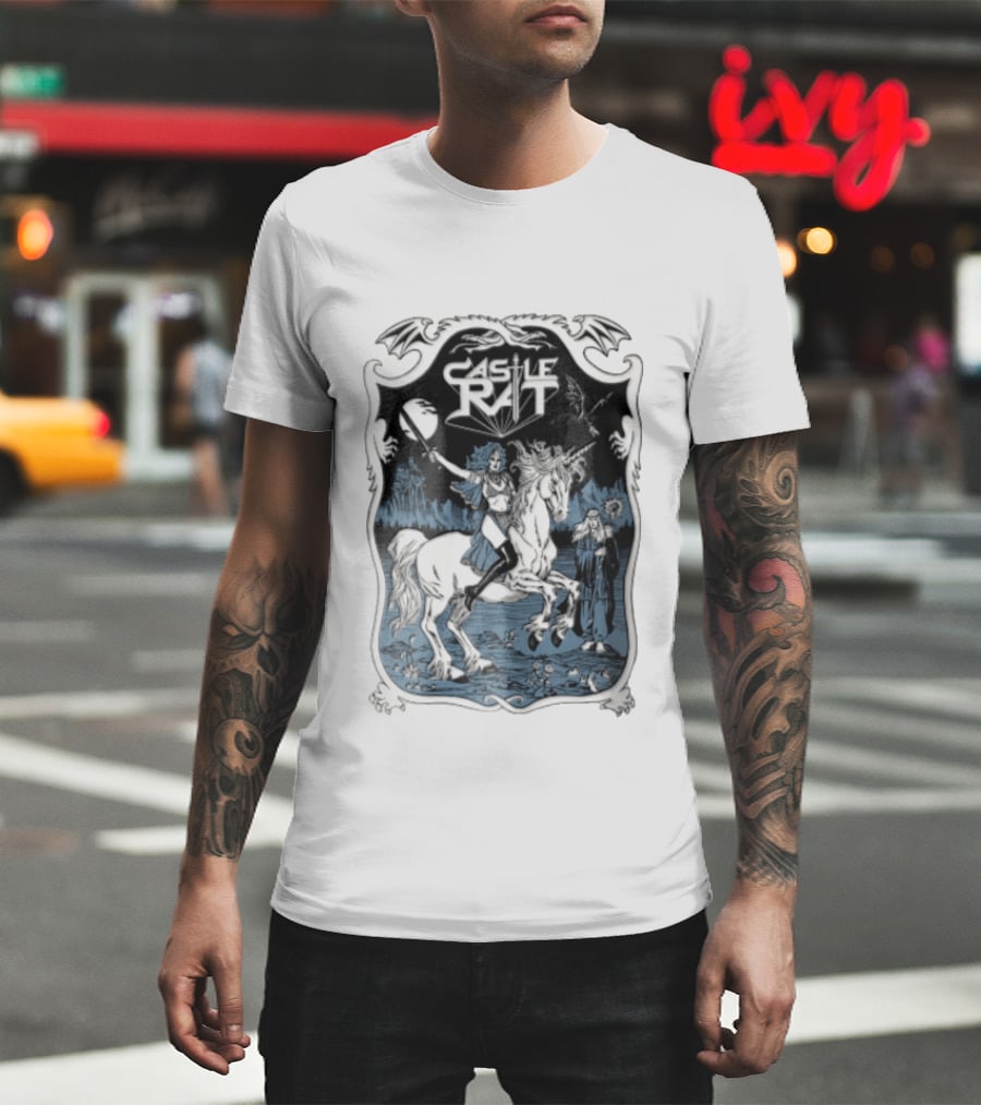 Castle Rat Warrior Woman Riding Unicorn Wizard Fantasy Scene T-Shirt