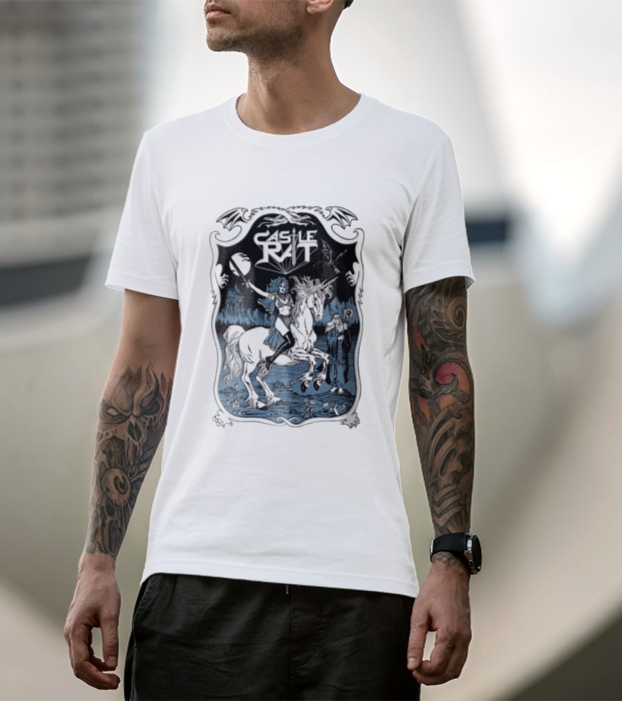 Castle Rat Warrior Woman Riding Unicorn Wizard Fantasy Scene T-Shirt