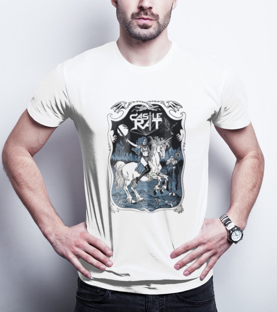 Castle Rat Warrior Woman Riding Unicorn Wizard Fantasy Scene T-Shirt