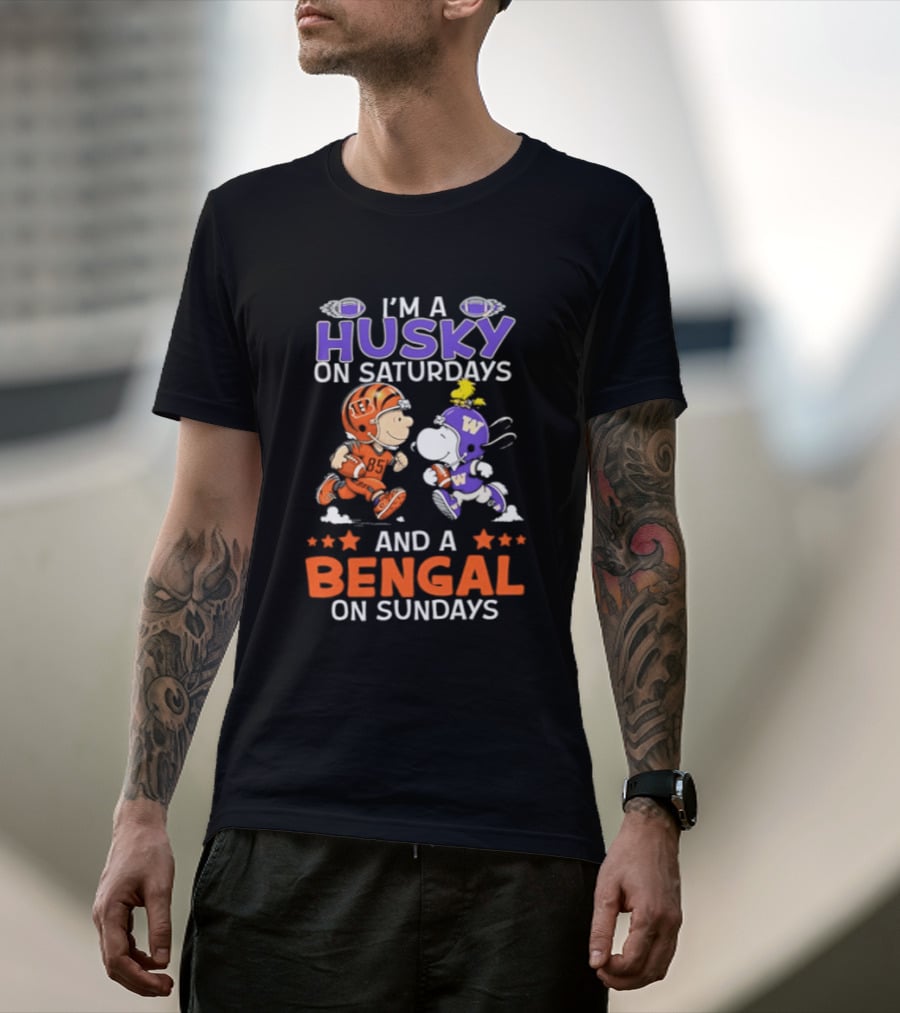 I'm A Husky On Saturdays And A Bengal On Sundays Snoopy And Charlie Brown Football Fan Days T-Shirt