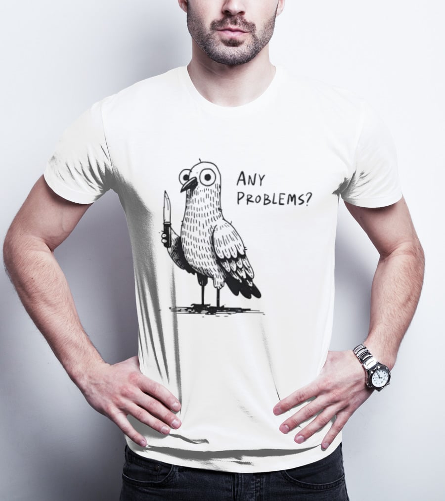 Pigeon With Knife Any Problems Retro Style Black Sketch T-Shirt