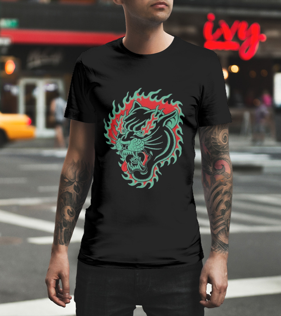 Bad Monday Panther Bite Heavy Flaming Green Red Panther T-Shirt