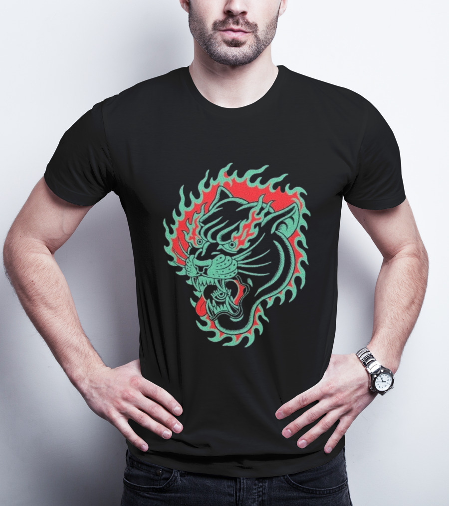 Bad Monday Panther Bite Heavy Flaming Green Red Panther T-Shirt