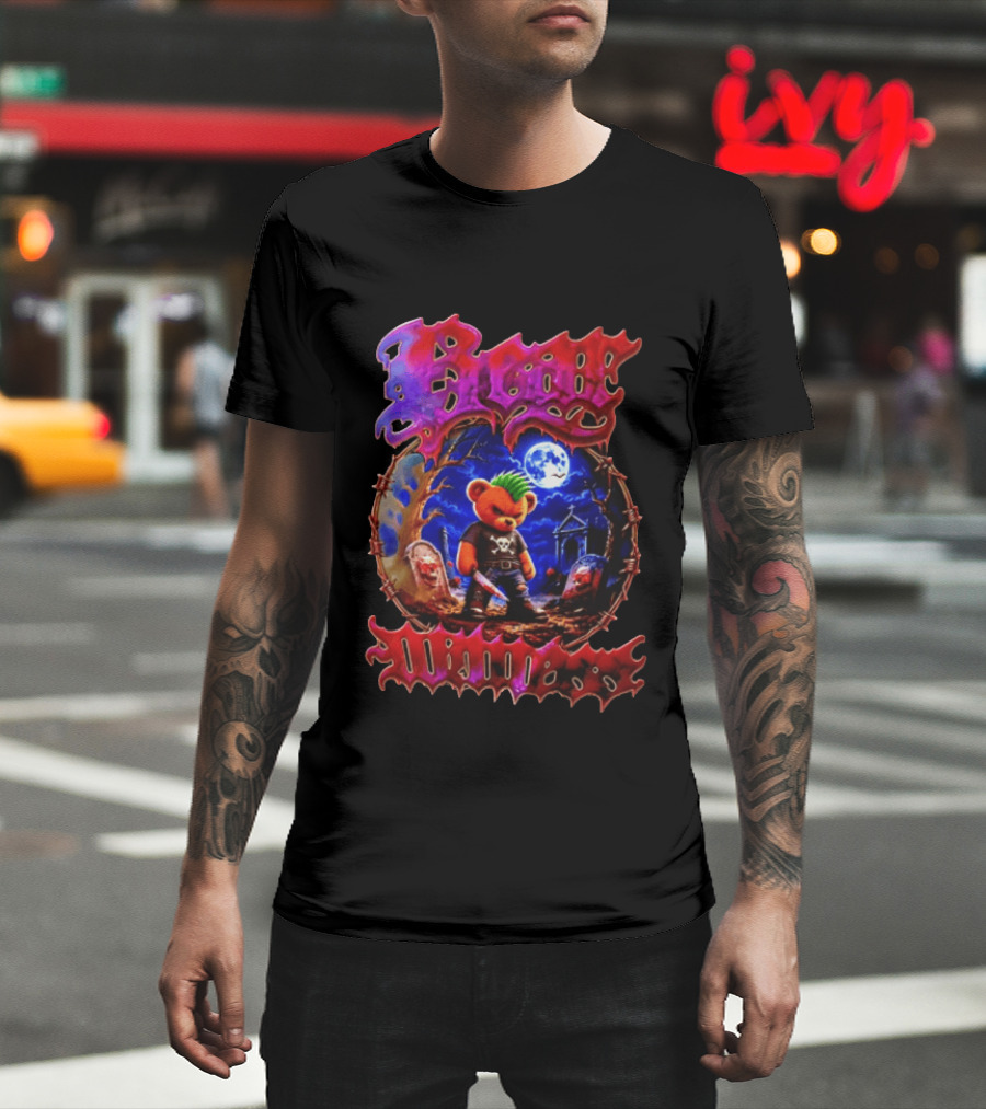 Bear Killers Punk Teddy Bear With Knife And Moonlit Graveyard Scene T-Shirt