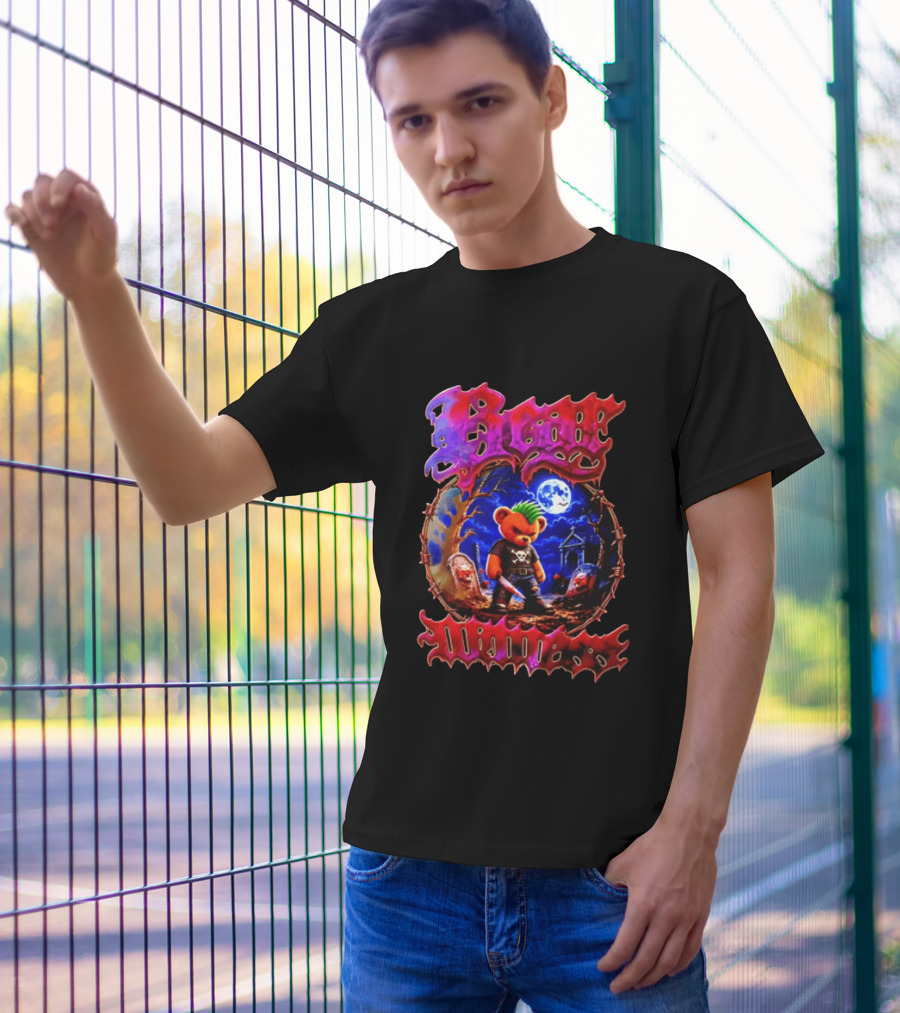 Bear Killers Punk Teddy Bear With Knife And Moonlit Graveyard Scene T-Shirt
