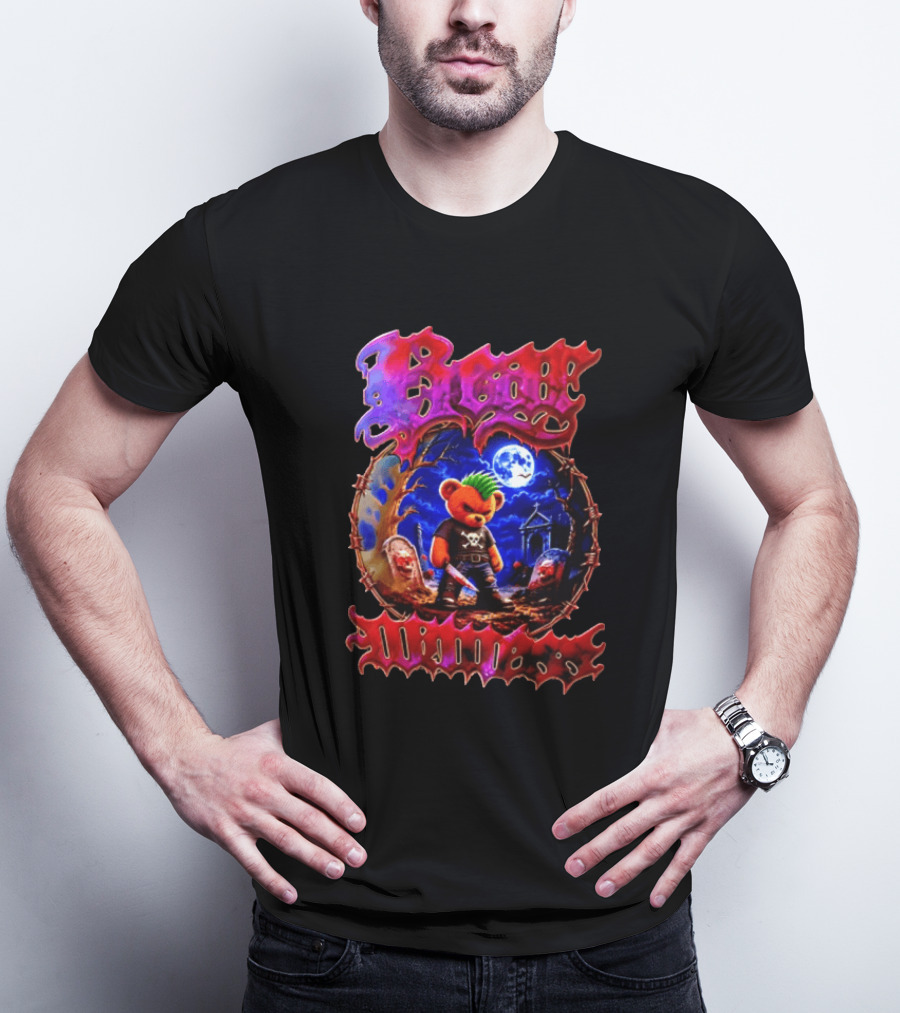 Bear Killers Punk Teddy Bear With Knife And Moonlit Graveyard Scene T-Shirt