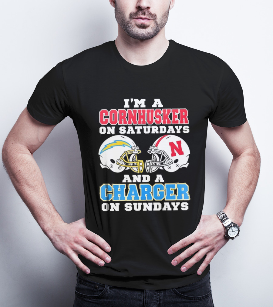 I'm A Cornhusker On Saturdays And A Charger On Sundays Football Fan Football Team Helmets T-Shirt