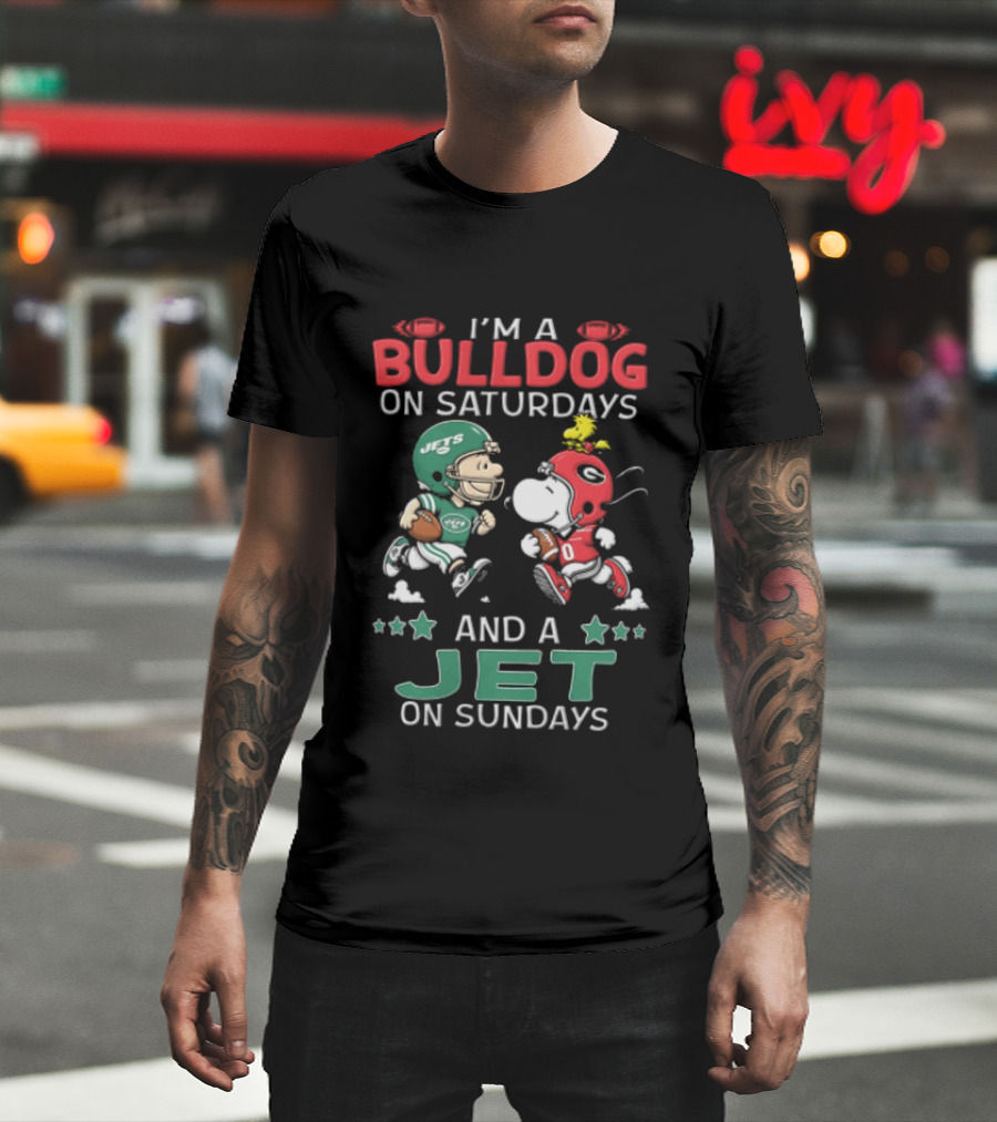 Charlie Brown Snoopy Woodstock I'm A Bulldog On Saturdays And A Jet On Sundays NCAAF NFL T-Shirt