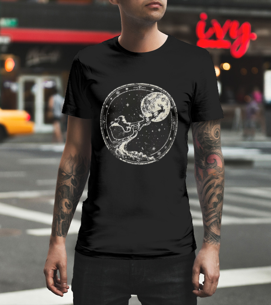 Santa Sleigh Flying Across Moonlit Night Vintage Stamp Christmas T-Shirt