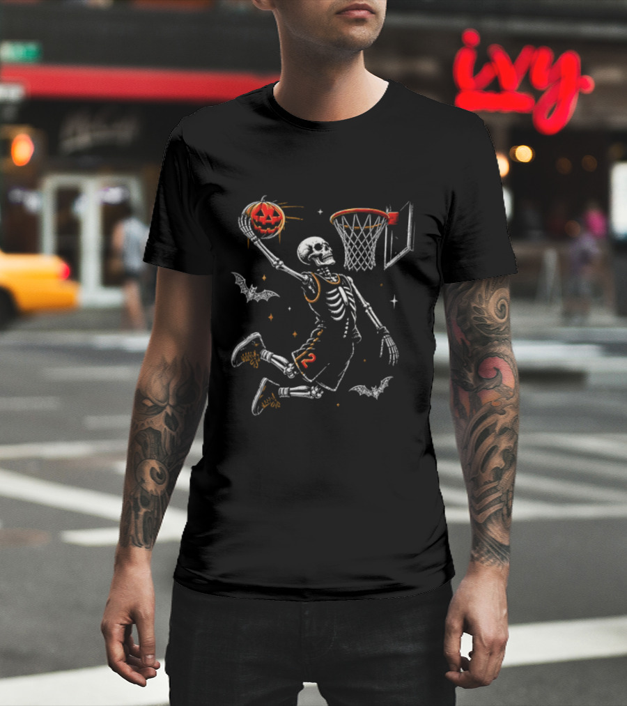 Halloween Skeleton Basketball Dunking Pumpkin Spooky Bats T-Shirt