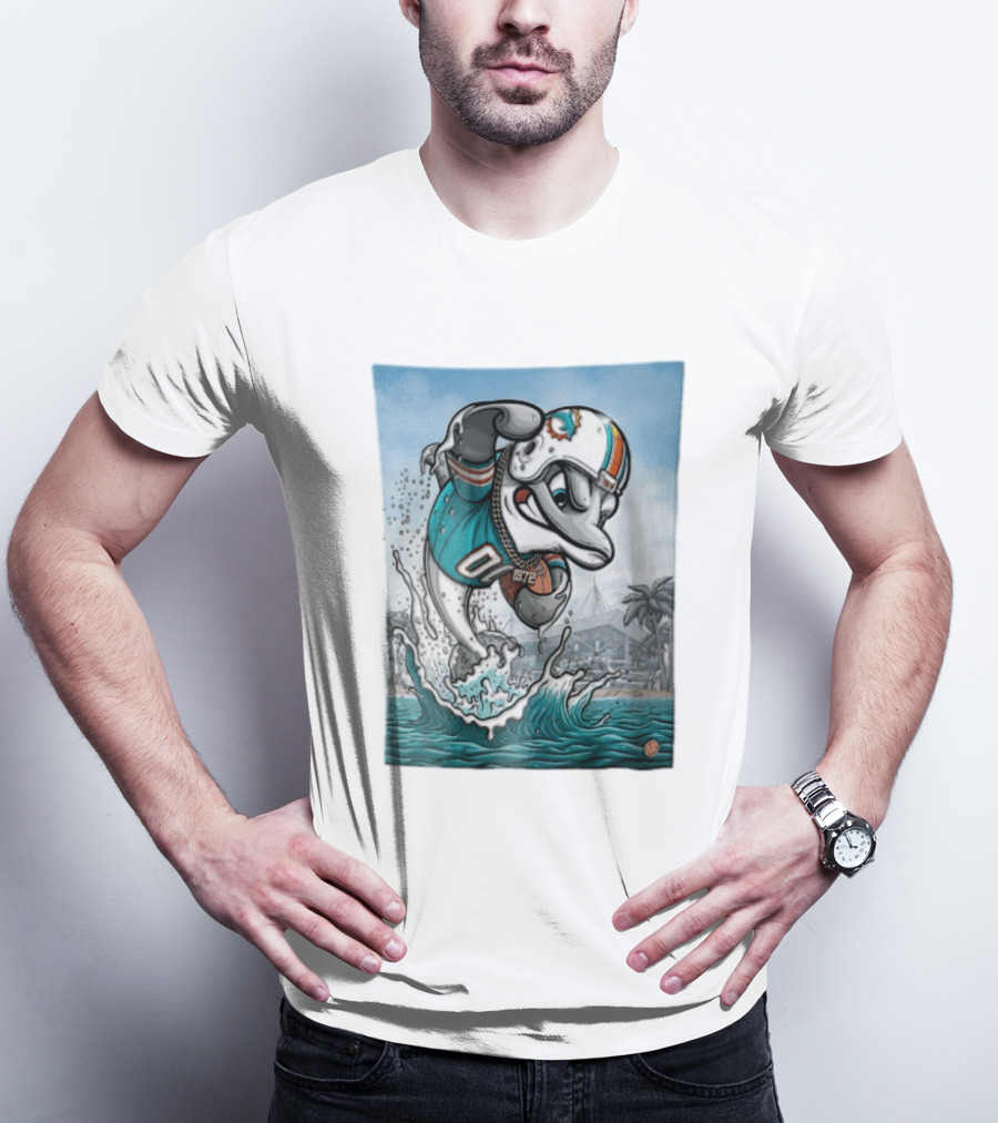Miami Dolphins Garo Yepremian Fins Up 1972 Cartoon Dolphin Helmet Football T-Shirt