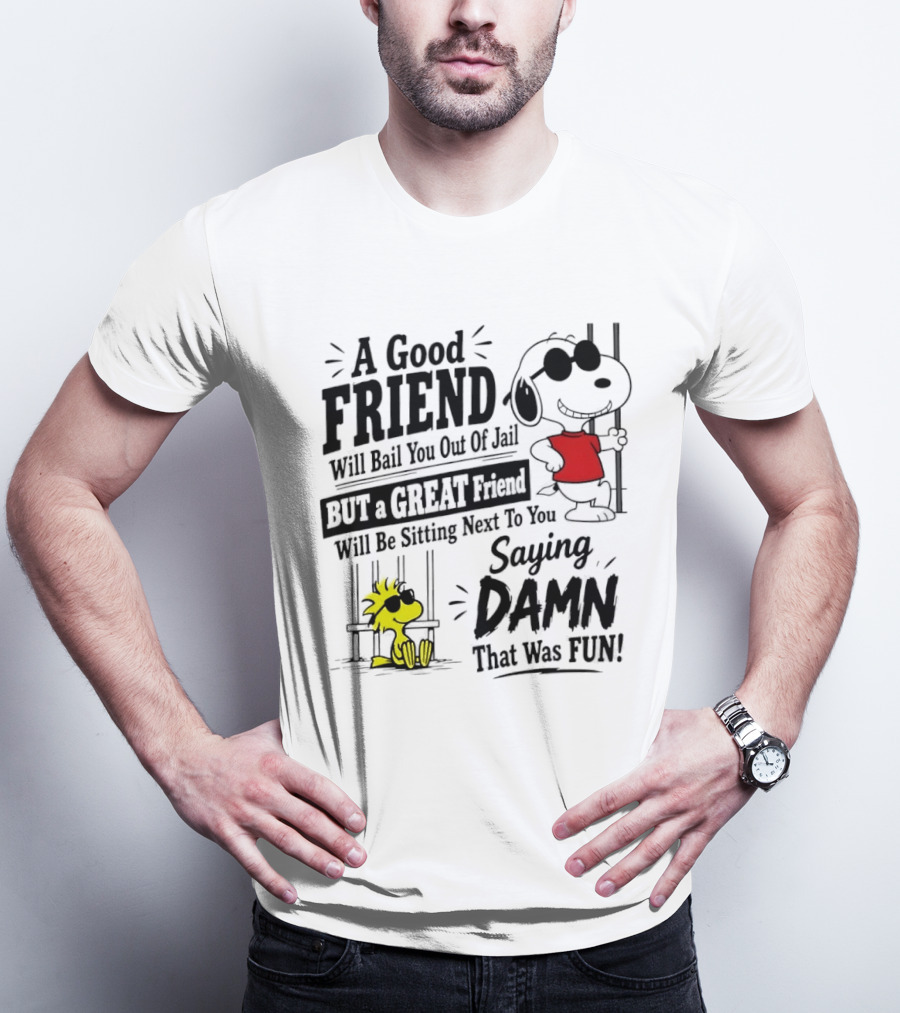 Snoopy And Woodstock A Good Friend Will Bail You Out Of Jail A Great Friend Will Be Sitting Next To You Saying Damn That Was Fun T-Shirt