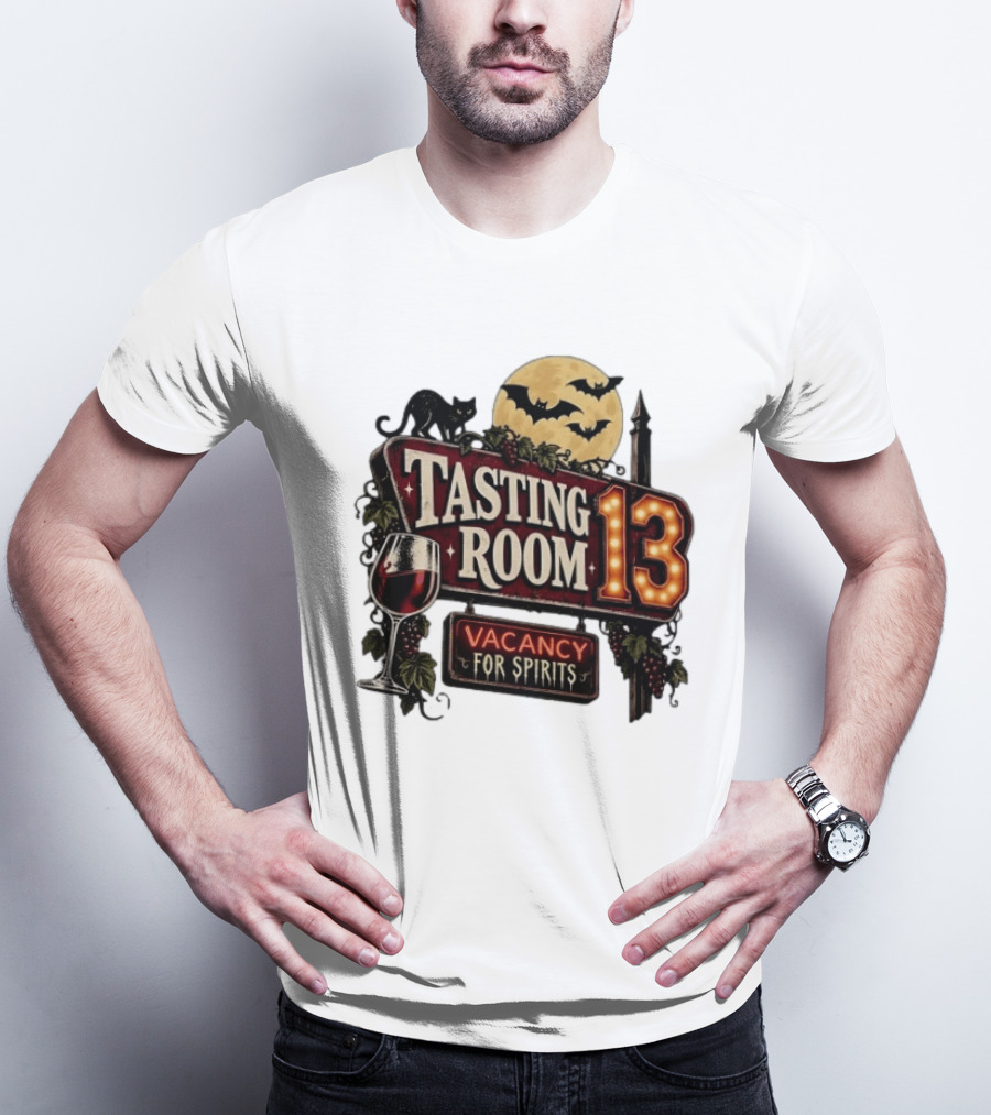 Tasting Room 13 Vacancy For Spirits Halloween Wine Moon Bats Cat T-Shirt