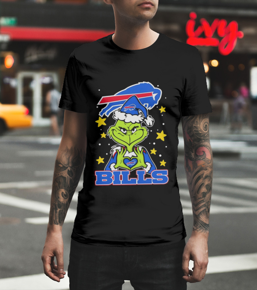 Grinch Heart Hands Christmas Buffalo Bills Football Holiday T-Shirt