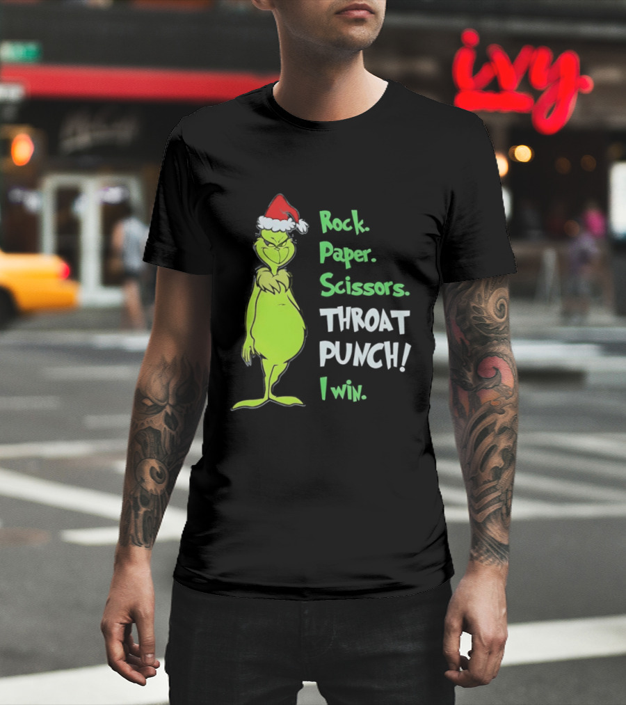 Rock Paper Scissors Throat Punch I Win Grinch With Santa Hat T-Shirt