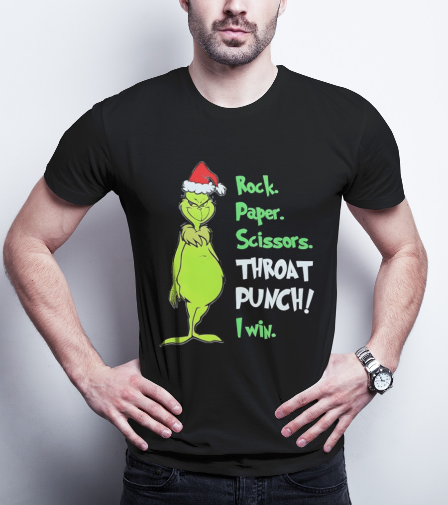 Rock Paper Scissors Throat Punch I Win Grinch With Santa Hat T-Shirt