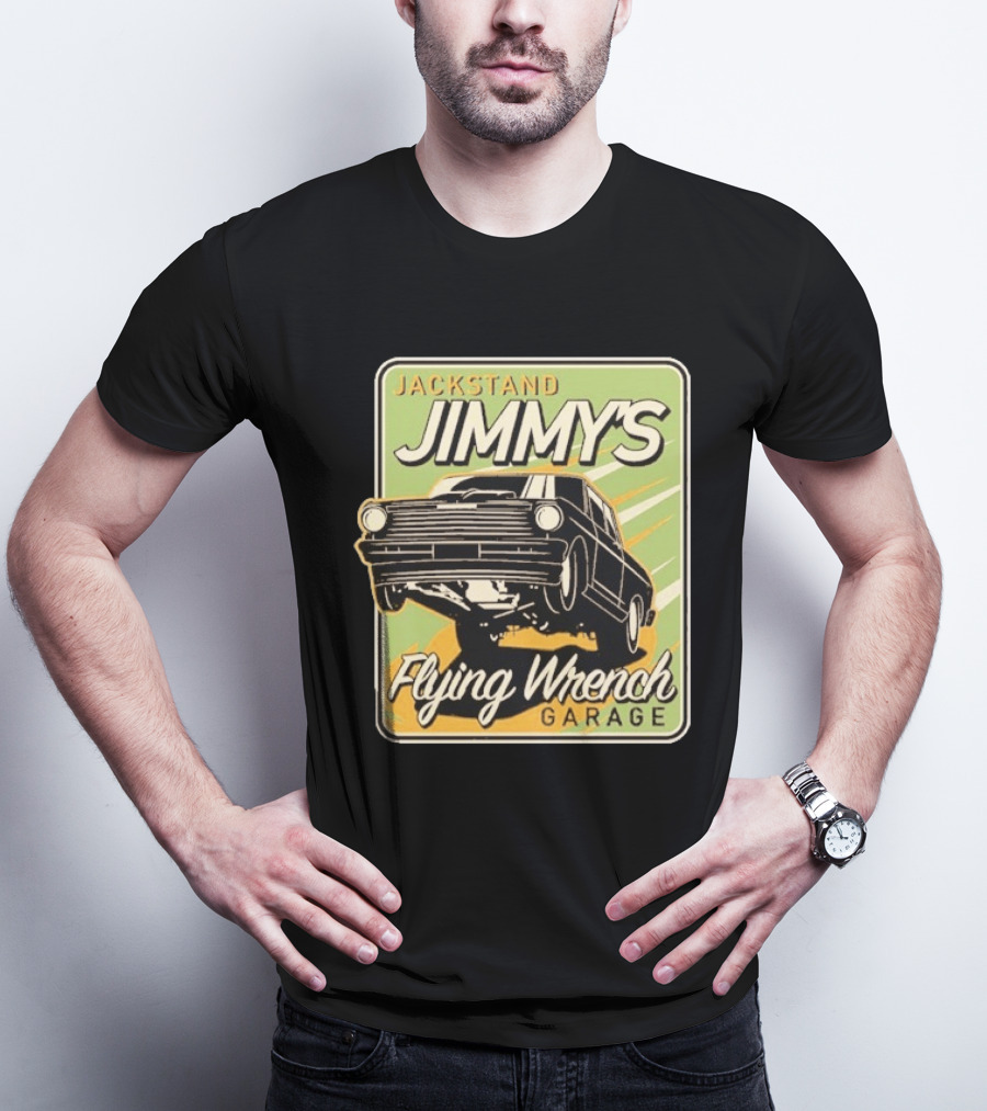 Jackstand Jimmy's Flying Wrench Garage Vintage Hot Rod Art Cleetus McFarland T-Shirt