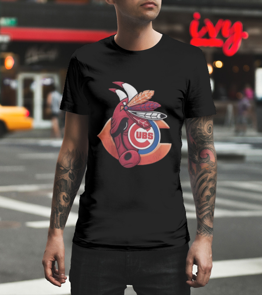 Chicago Bears Cubs Red Bull Native American Headdress T-Shirt