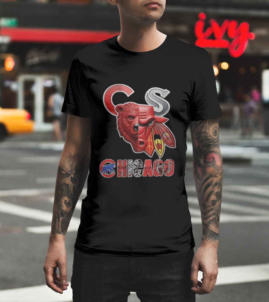 Chicago Cubs Bulls Blackhawks Split Face Bear Bull T-Shirt