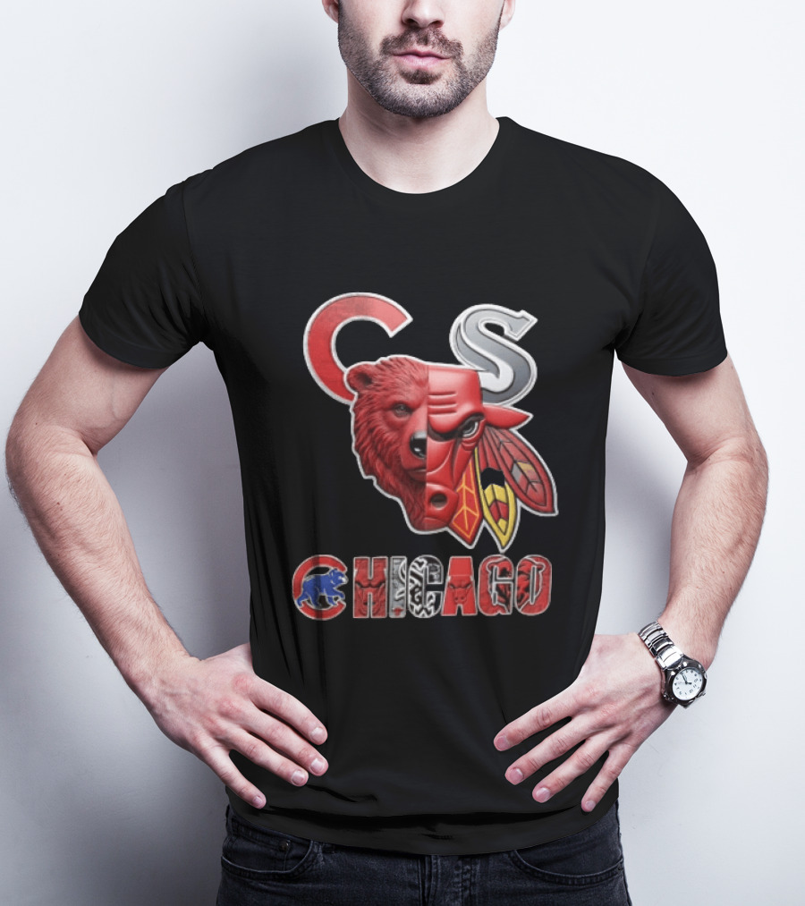 Chicago Cubs Bulls Blackhawks Split Face Bear Bull T-Shirt