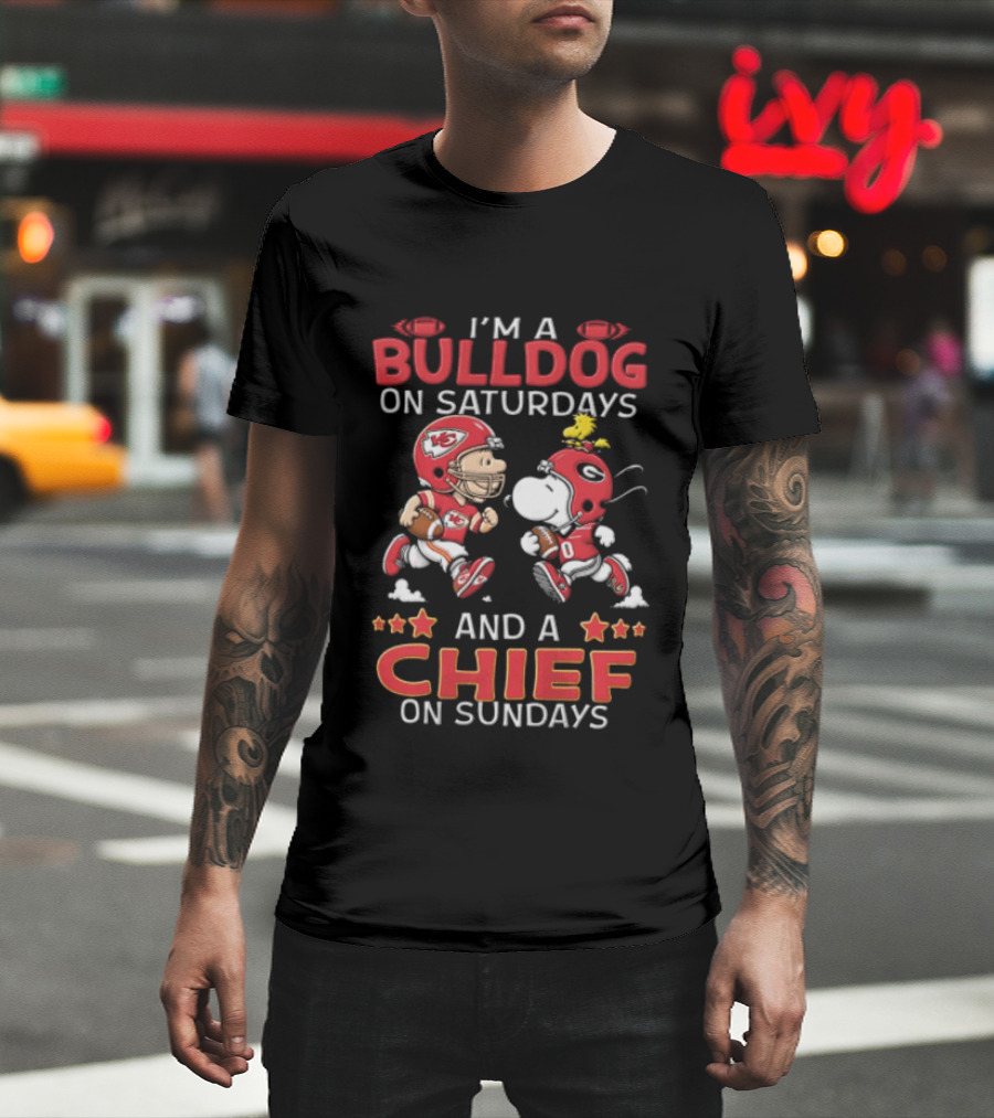 I'm A Bulldog On Saturdays And A Chief On Sundays Charlie Brown Snoopy Woodstock T-Shirt