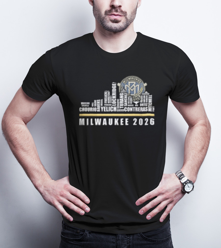 Milwaukee Brewers 2026 Skyline Text Design MLB T-Shirt