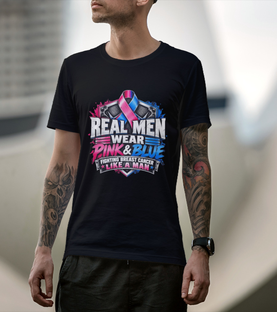Real Men Wear Pink And Blue Fighting Breast Cancer Like A Man Ribbon Shield T-Shirt