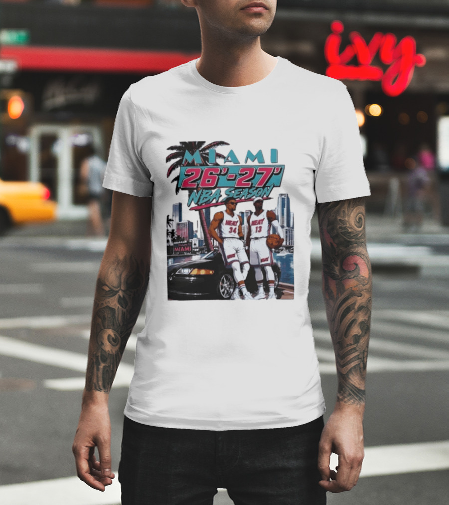 Miami Heat 26 27 NBA Season Palm Trees Skyline Players T-Shirt