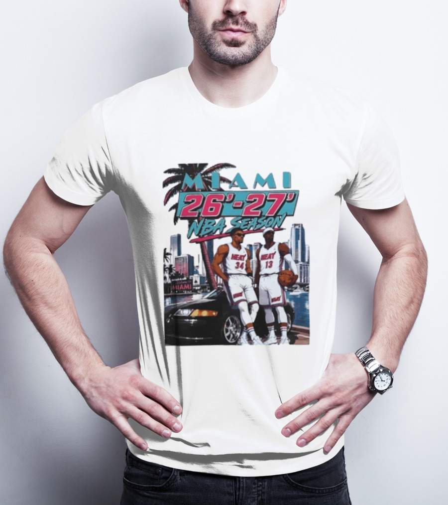 Miami Heat 26 27 NBA Season Palm Trees Skyline Players T-Shirt