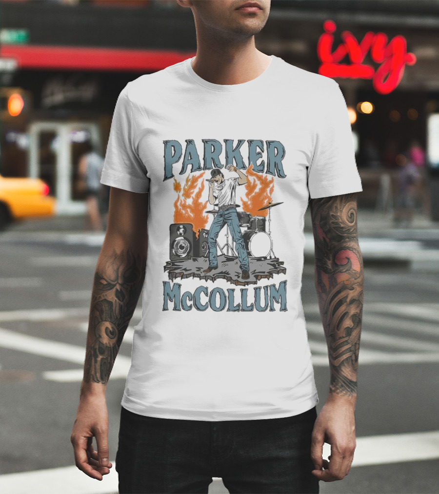 Parker Mccollum Cartoon Flames Concert Scene With Drums And Speakers T-Shirt