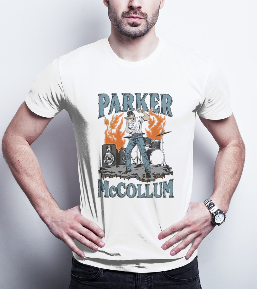 Parker Mccollum Cartoon Flames Concert Scene With Drums And Speakers T-Shirt