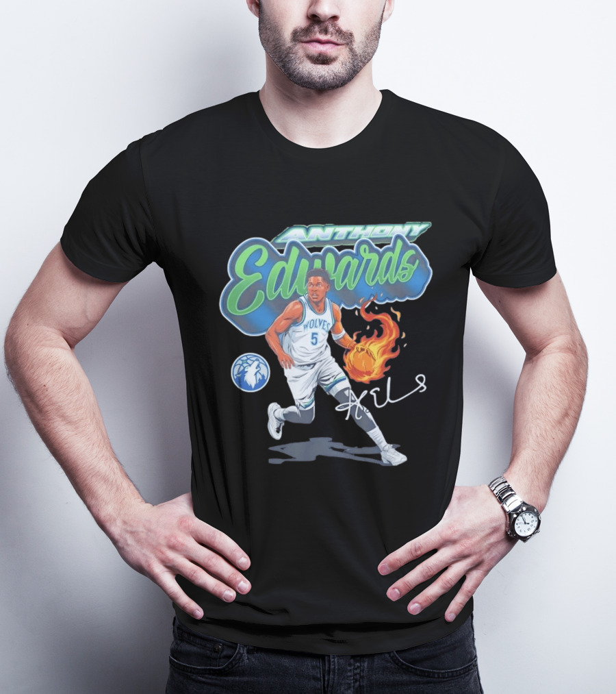 Anthony Edwards Wolves Cursive Script Basketball Flame Edit T-Shirt