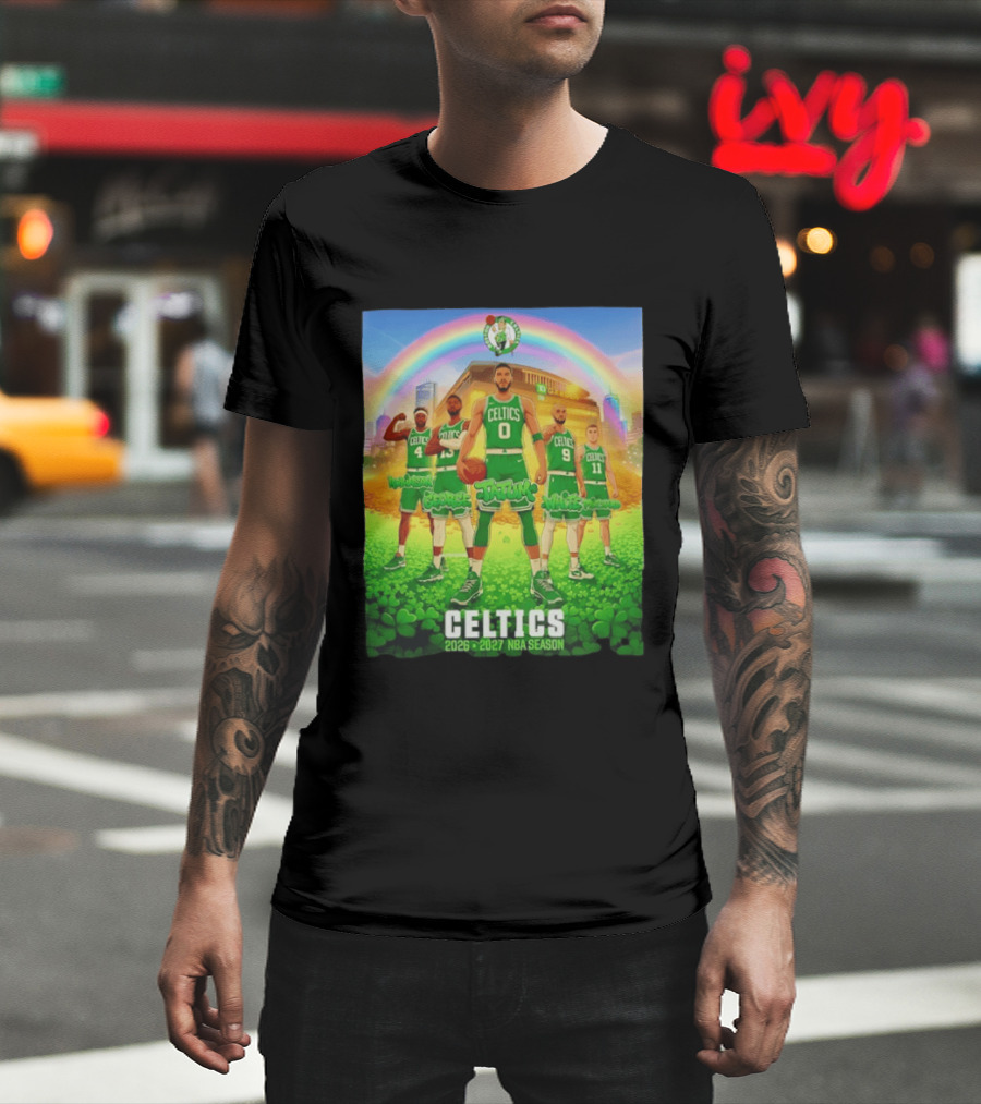 Boston Celtics 2026 2027 NBA Season Tatum George White Robinson Pritchard Basketball Team Players Under Rainbow Scene T-Shirt