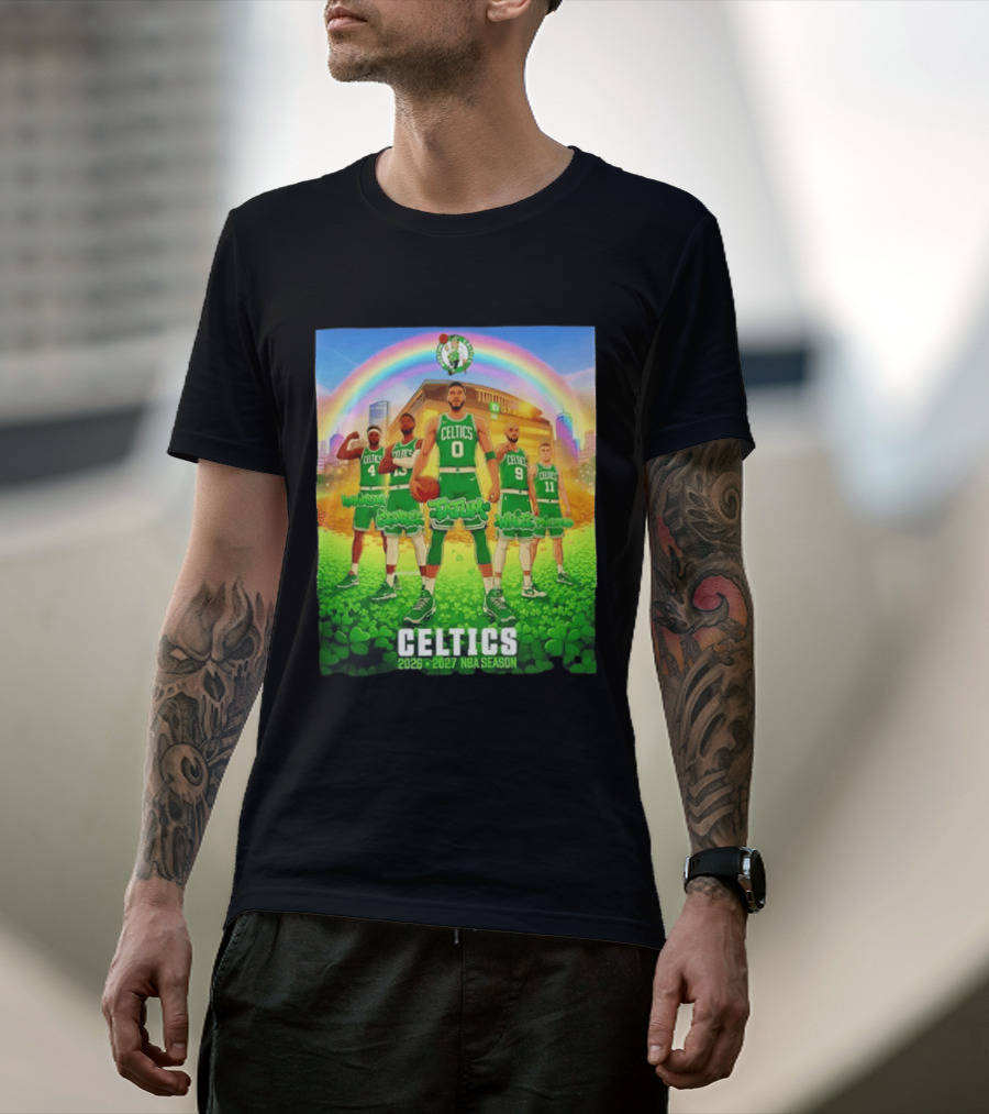 Boston Celtics 2026 2027 NBA Season Tatum George White Robinson Pritchard Basketball Team Players Under Rainbow Scene T-Shirt